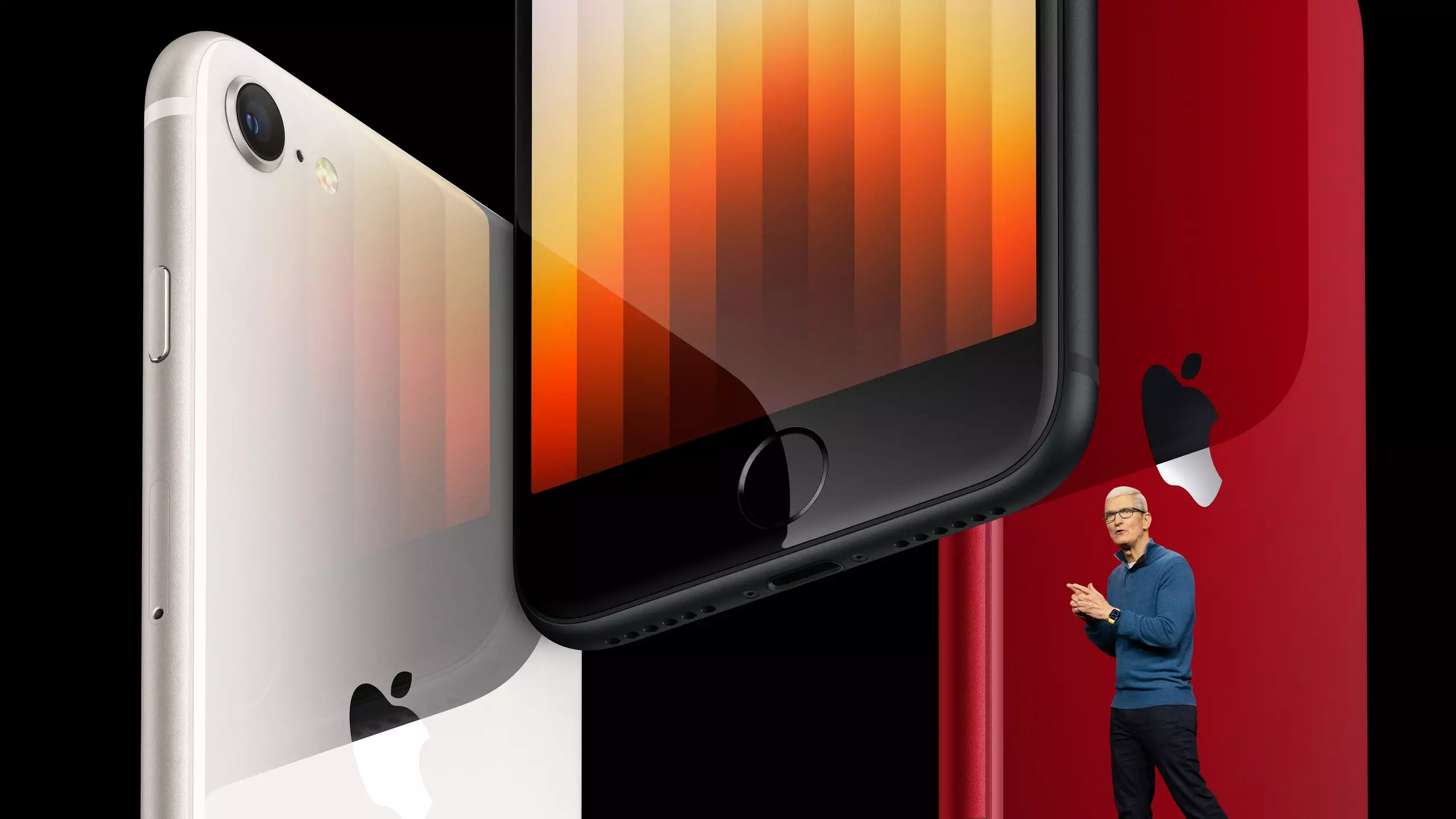 CUPERTINO CALIFORNIA March 8 2022Apple CEO Tim Cook showcases the new iPhone SE featuring 5G and the A15 Bionic chip...