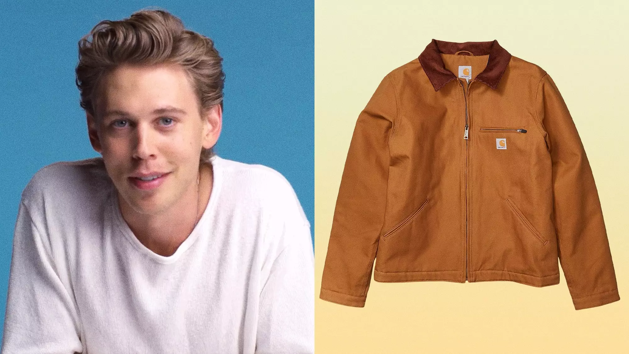 Trong hình ảnh có thể có Quần áo Trang phục Người Austin Butler Jacket and Coat