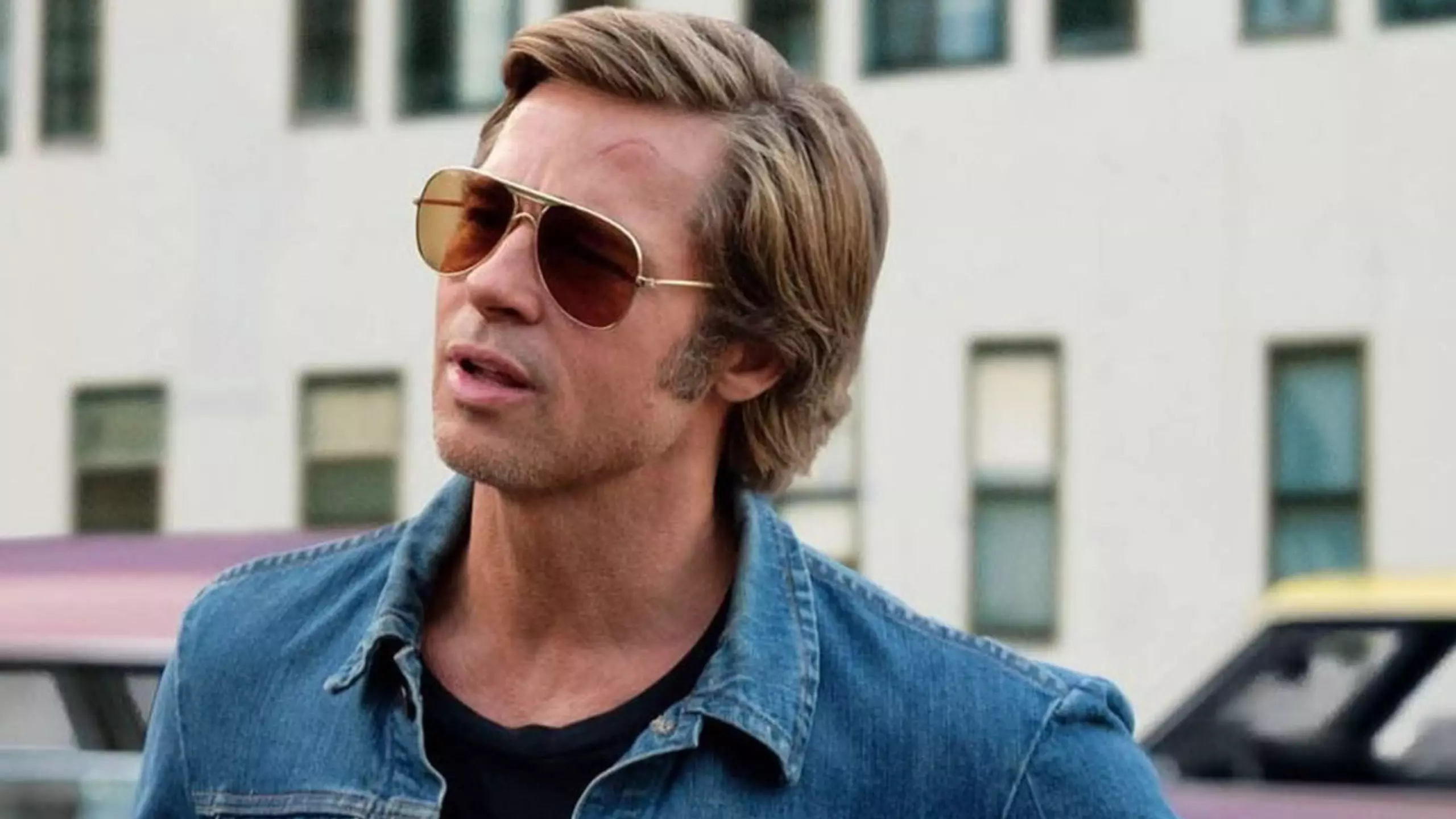 Brad Pitt wearing a Wrangler denim jacket in 'Once Upon a Time... in Hollywood'.