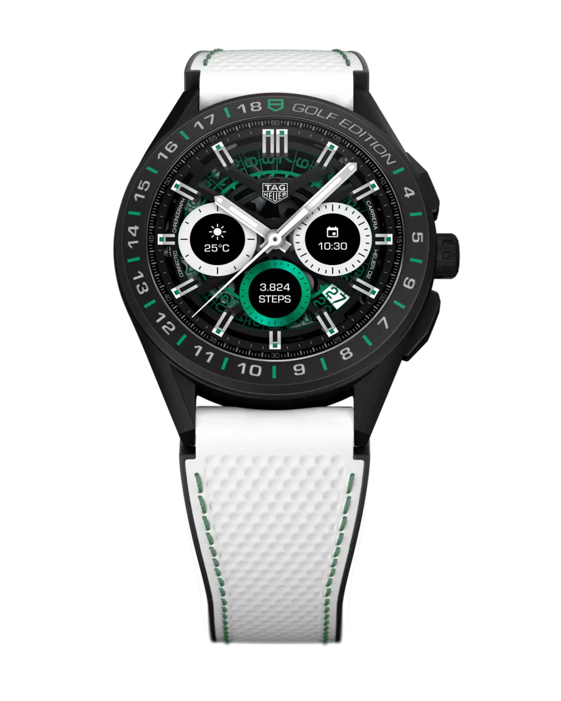 Un orologio nero con accenti verdi e bianchi