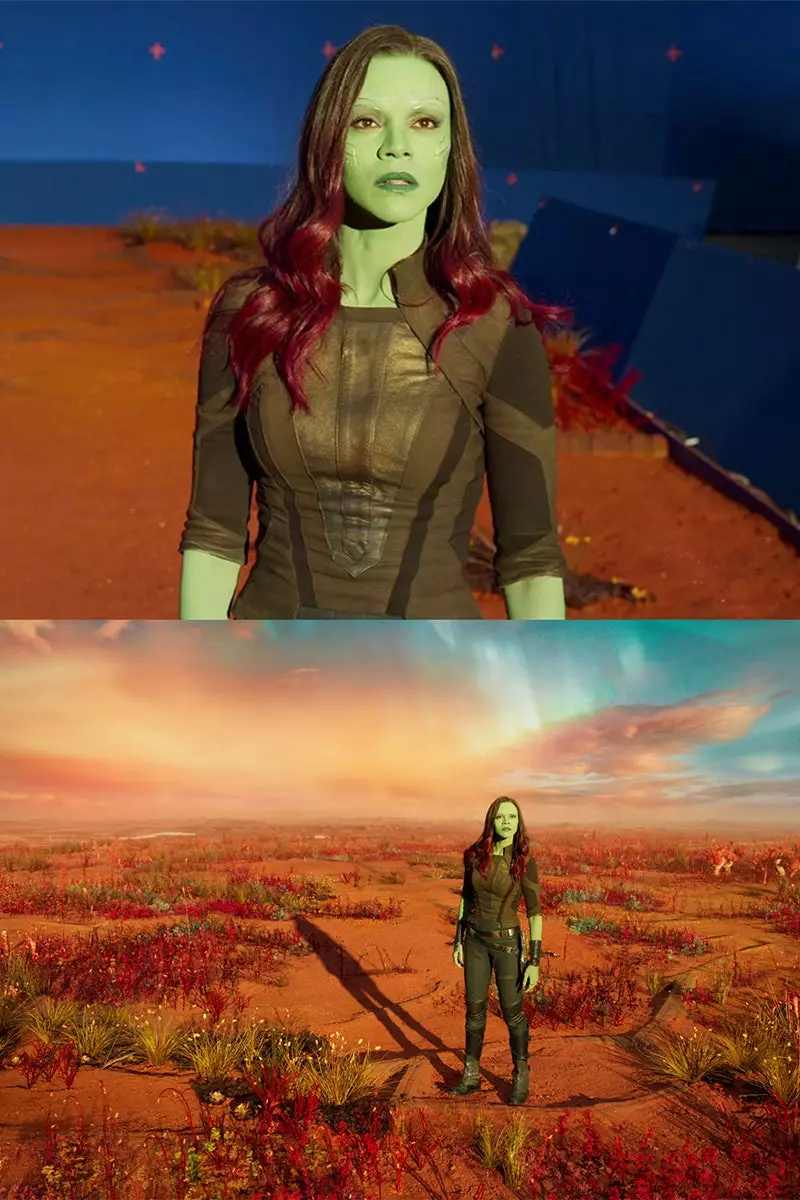 Zoe Saldana Gamora a la saga 'Guardians de la Galàxia' després del 'make up' de Carolina.