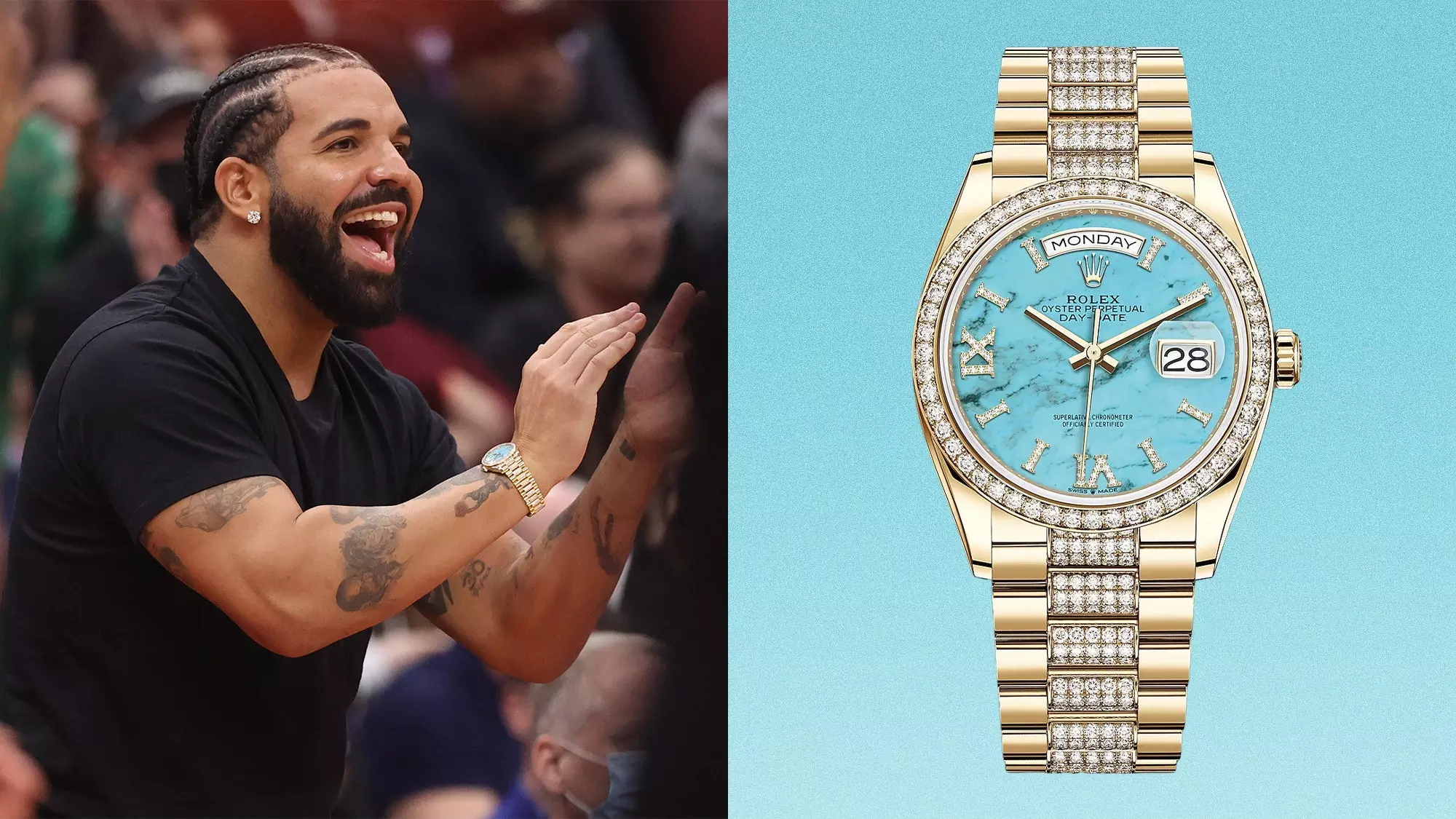 Drake sittende rjochtbank by in nba spultsje en in gouden diamant studded horloazje op in blauwe eftergrûn