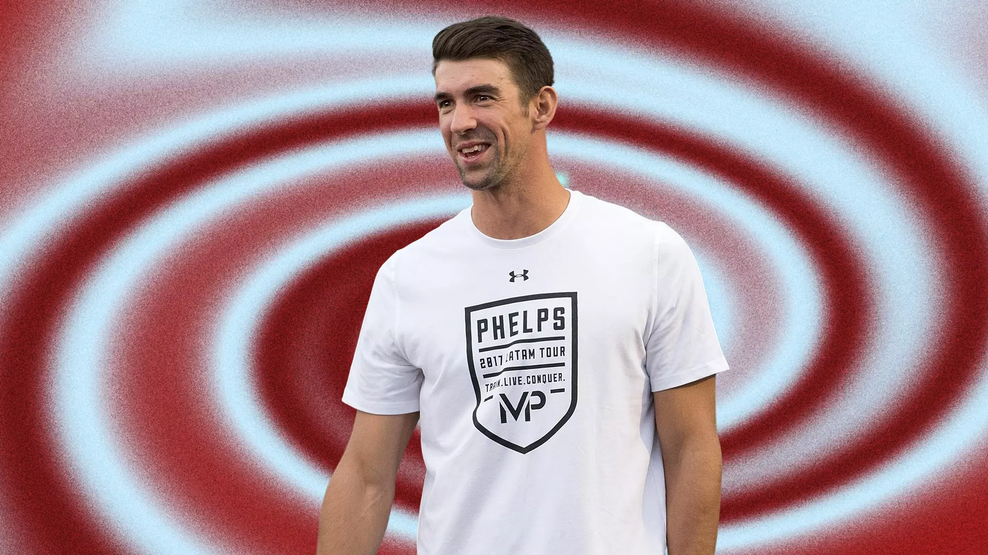 Michael Phelps sur un fond tourbillonné rouge et bleu