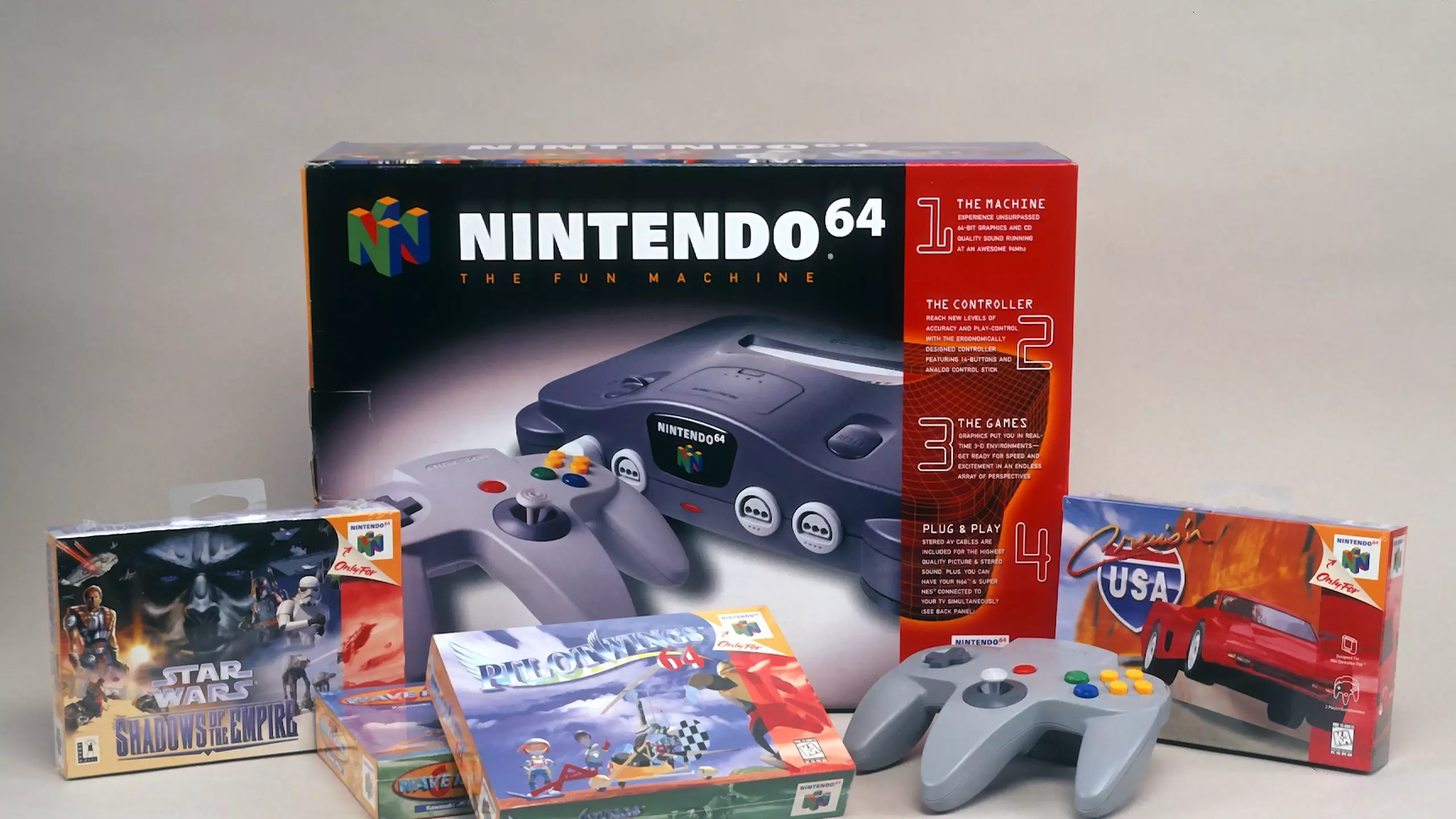 НЮ ЙОРК НЮ ЙОРК 7 ДЕКЕМВРИ Снимка на продукта на игровата система Nintendo 64 с игри и контролер е заснета на 7 декември...