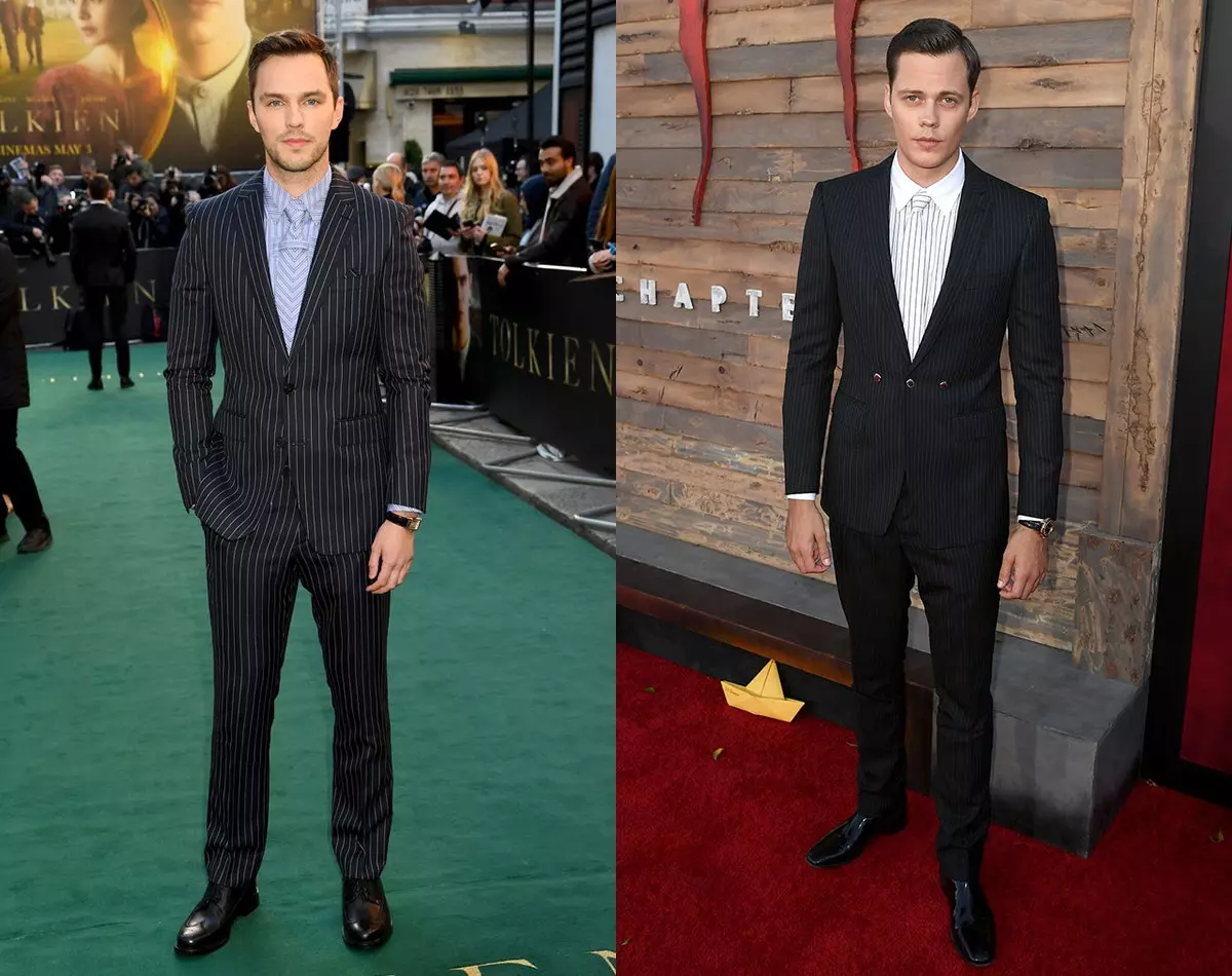 Nicholas Hoult a Bill Skarsgard v Burberry jaro léto 2019 sladění vzhledu košile a kravaty.