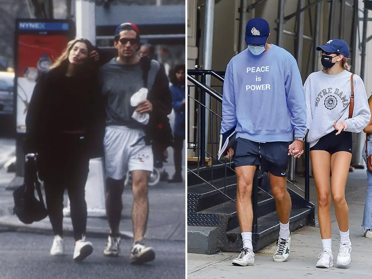 John John in Carolyn Bessette na sprehodu po New Yorku leta 1996 Jacob Elordi in Kaia Gerber po New Yorku leta 2021.