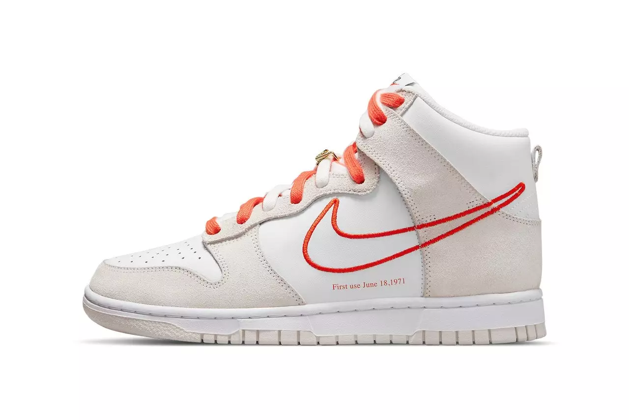 The retro Nike Dunk High are white high top sneakers that have a great touch of color