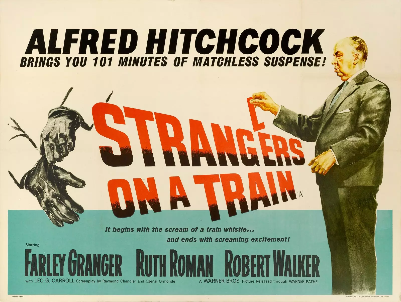 Affiche originale pour Strangers on a Train avec le réalisateur lui-même essayant d'ajouter une lettre L au mot « étrangers ».