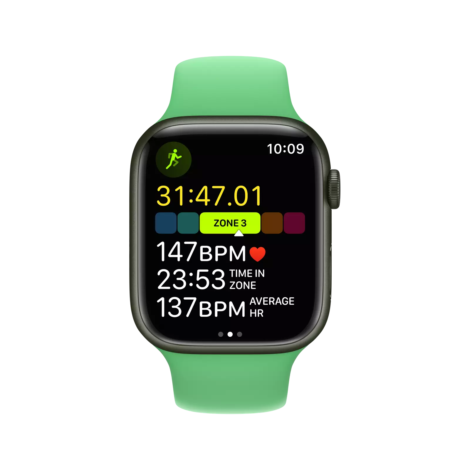 Naudodami watchOS 9 galite bėgti matydami savo širdies ritmo zoną.